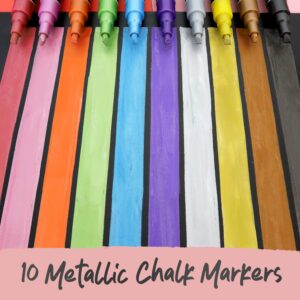 Metallic Chalk Markers (10 Pack) Liquid Chalk Pens - For Blackboards, Chalkboard, Bistro Menu, Window - Wet Wipe Erasable - 6mm Reversible Bullet & Chisel Tip