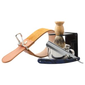 grandslam shaving straight razor kit, steel cutthroat straight razor with leather strop, sharp, pure badger hair shaving brush with wooden handle,shaving bowl,soap and stand, gift for men