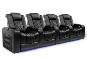 valencia tuscany home theater seating | premium top grain italian nappa 11000 leather, power reclining, power lumbar support, power headrest (row of 4, black)