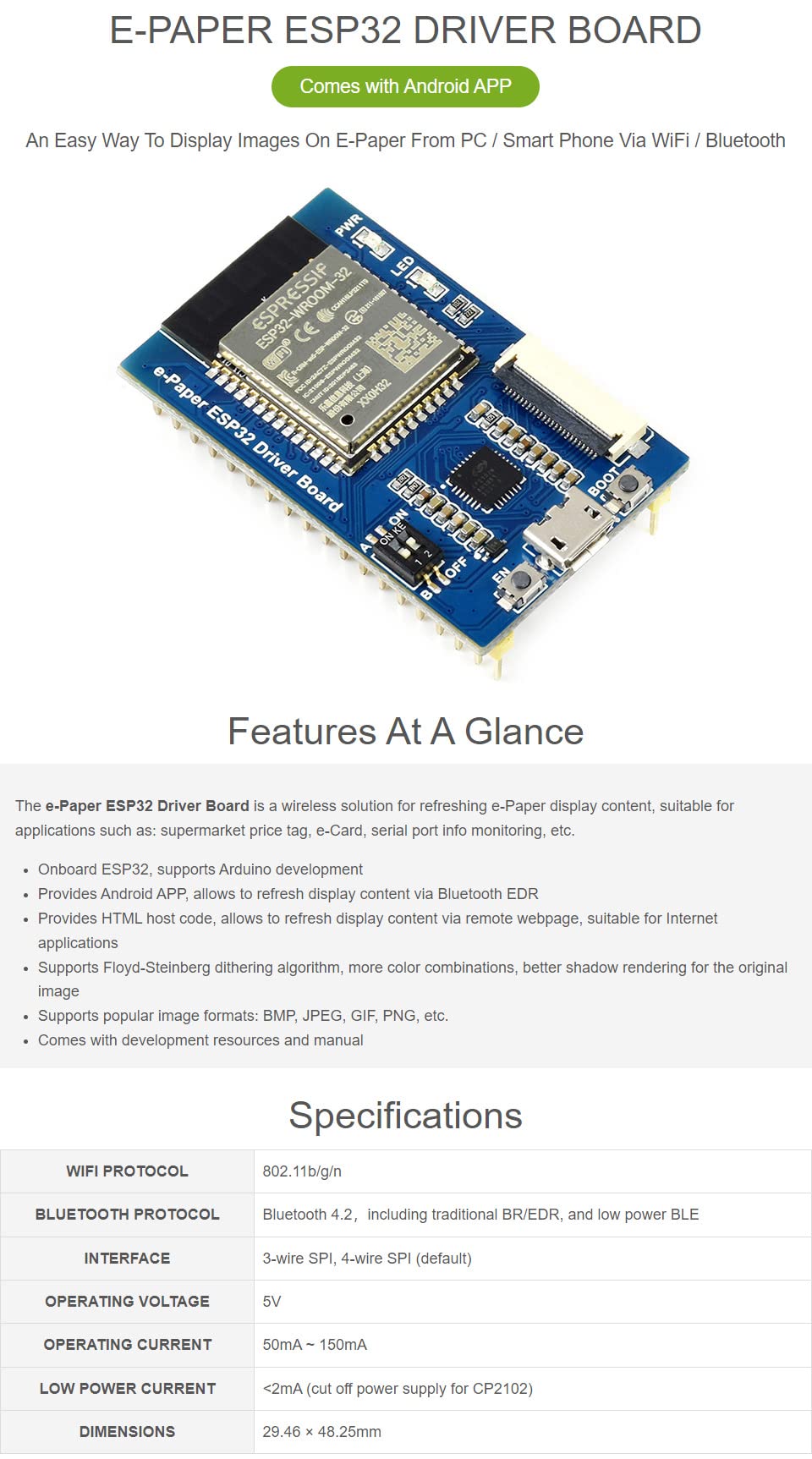 waveshare Universal e-Paper Driver Board with WiFi/Bluetoth SoC ESP32 onboard Support Various SPI e-Paper Raw Panels