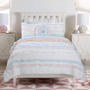 cozy line home fashions light pink blue coral white ruffle 100% cotton reversible girl quilt bedding set, reversible coverlet bedspread (shabby chic, twin - 2 piece)