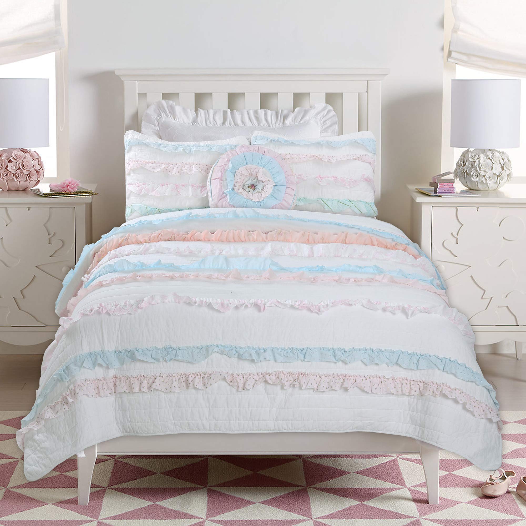 Cozy Line Home Fashions Light Pink Blue Coral White Ruffle 100% Cotton Reversible Girl Quilt Bedding Set, Reversible Coverlet Bedspread (Shabby Chic, Twin - 2 Piece)