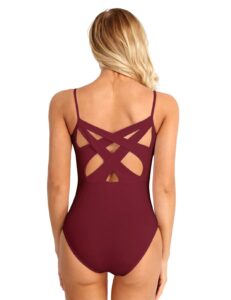 acsuss women's v-neck ballet dance leotard criss cross back strappy camisole bodysuit burgundy large