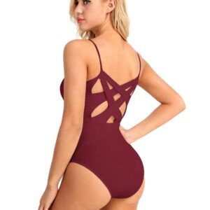 ACSUSS Women's V-neck Ballet Dance Leotard Criss Cross Back Strappy Camisole Bodysuit Burgundy Large