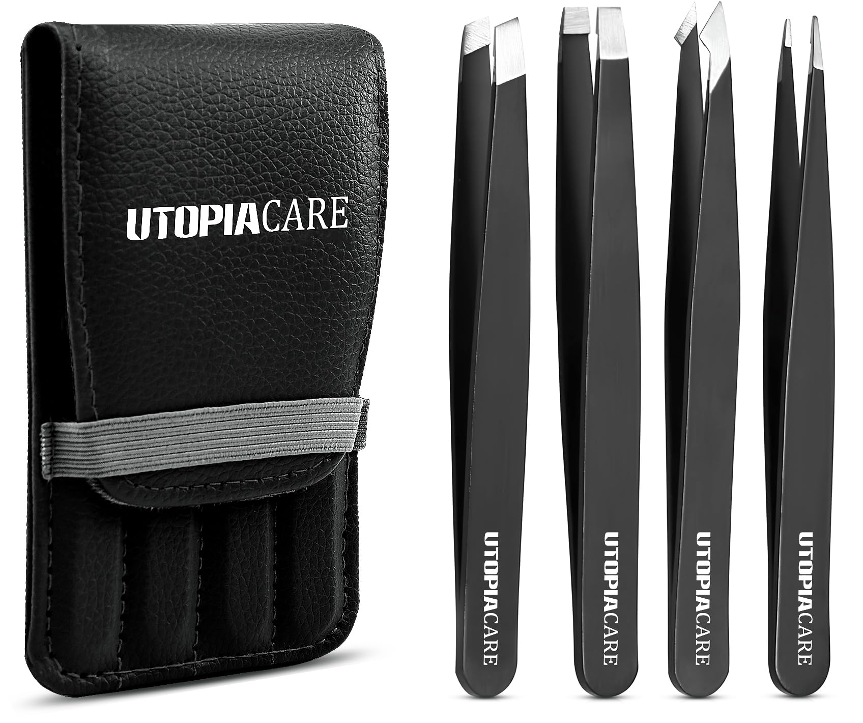 Utopia Care Tweezers for Women Facial Hair (4 Piece), Eyebrow Tweezers for Women Professional, Precision Tweezers Set for Women, Pointed Tweezers Slant Tip, Ingrown Hair Tweezers for Men (Black)