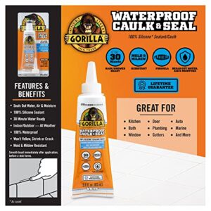 Gorilla Waterproof Caulk & Seal100% Silicone Sealant, 2.8oz Squeeze Tube, White (Pack of 1)