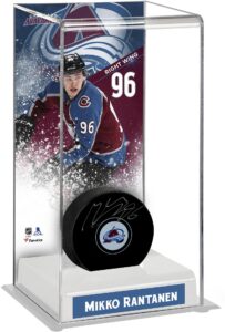 sports memorabilia mikko rantanen colorado avalanche autographed puck with deluxe tall hockey puck case - autographed nhl pucks