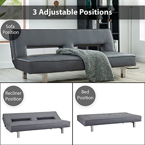 Naomi Home Astrid Futon Sofa Bed - Gray Faux Leather, Modern Style, 3-Position Reclining Mini Sofa/Bed with Chrome Legs, Small Couch for Bedroom Living Rooms, Office