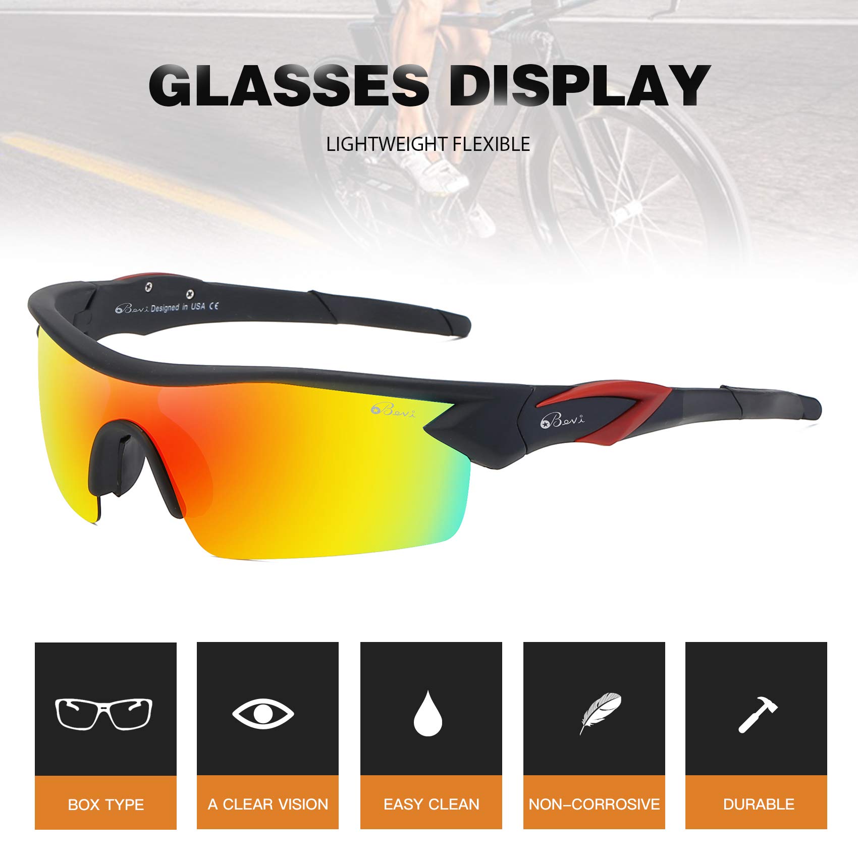 Bevi Polarized Sports Sunglasses TR90 Unbreakable Frame for Men Women Running Cycling Golf Baseball TPH2C1