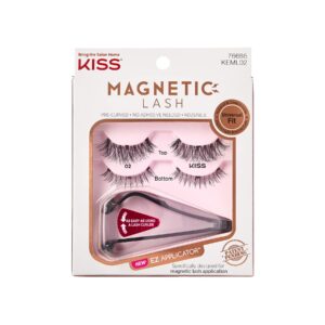 kiss magnetic lash 02, synthetic false eyelashes with magnets under and over your upper lashes, no glue needed, lightweight, reusable, contact lens friendly, cruelty free, with lash applicator, 1 pair