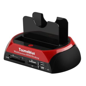 tccmebius hard drive docking station, tcc-s862-us usb 2.0 to 2.5 3.5 inch sata ide dual slots external enclosure with all in 1 card reader and usb 2.0 hub for 2.5" 3.5" ide sata i/ii/iii hdd ssd