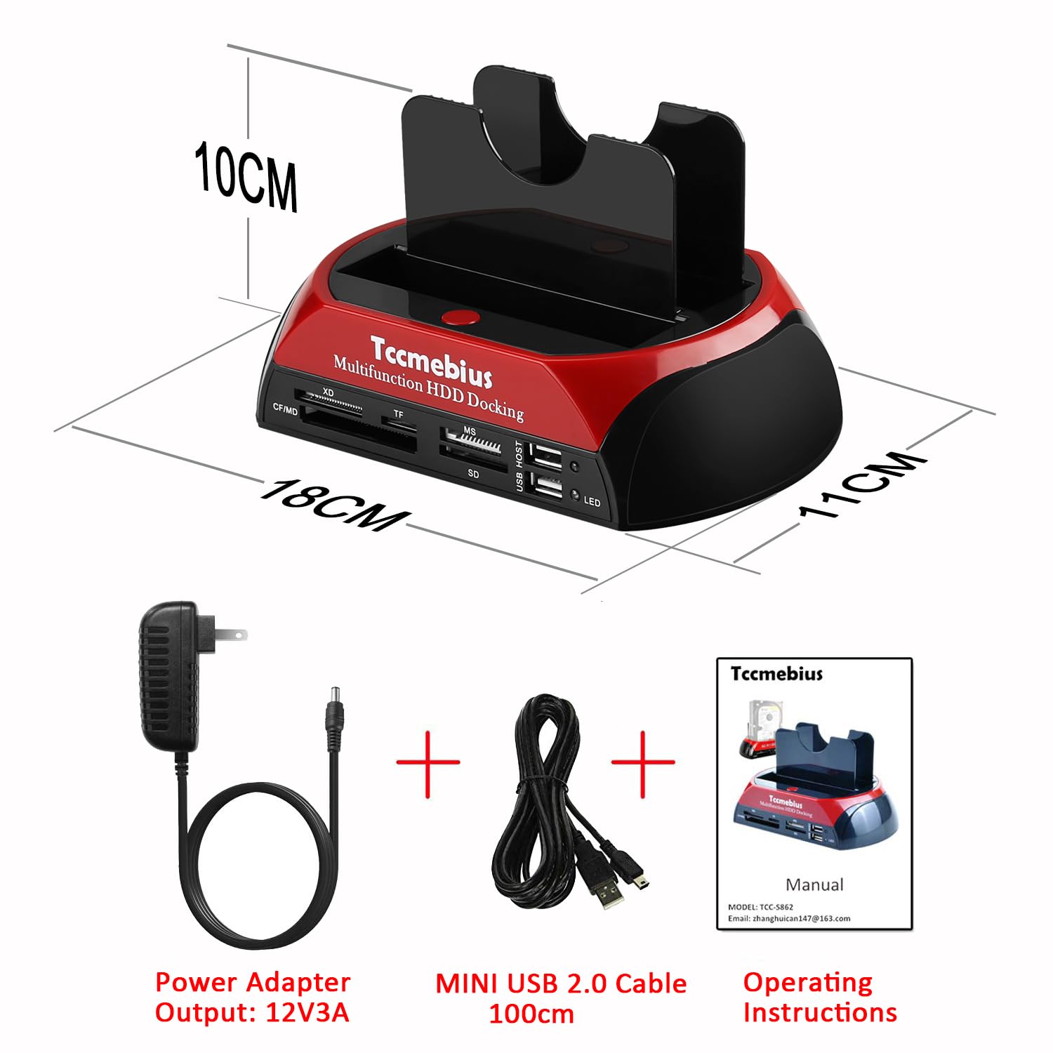 Tccmebius Hard Drive Docking Station, TCC-S862-US USB 2.0 to 2.5 3.5 Inch SATA IDE Dual Slots External Enclosure with All in 1 Card Reader and USB 2.0 Hub for 2.5" 3.5" IDE SATA I/II/III HDD SSD