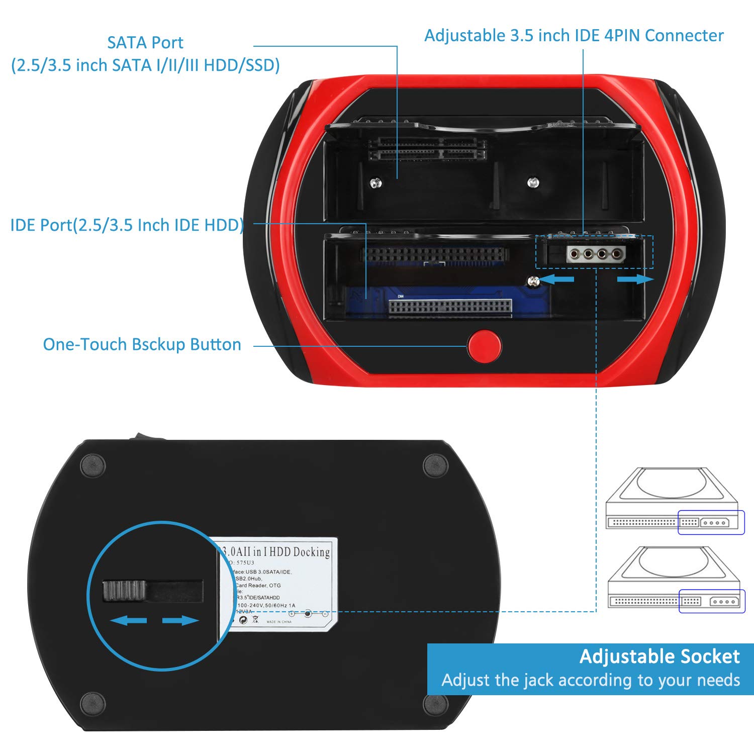 Tccmebius Hard Drive Docking Station, TCC-S862-US USB 2.0 to 2.5 3.5 Inch SATA IDE Dual Slots External Enclosure with All in 1 Card Reader and USB 2.0 Hub for 2.5" 3.5" IDE SATA I/II/III HDD SSD