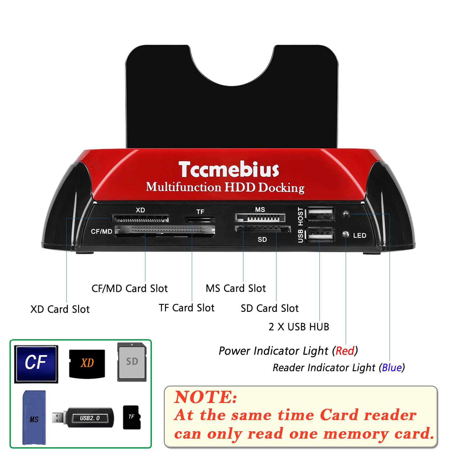 Tccmebius Hard Drive Docking Station, TCC-S862-US USB 2.0 to 2.5 3.5 Inch SATA IDE Dual Slots External Enclosure with All in 1 Card Reader and USB 2.0 Hub for 2.5" 3.5" IDE SATA I/II/III HDD SSD