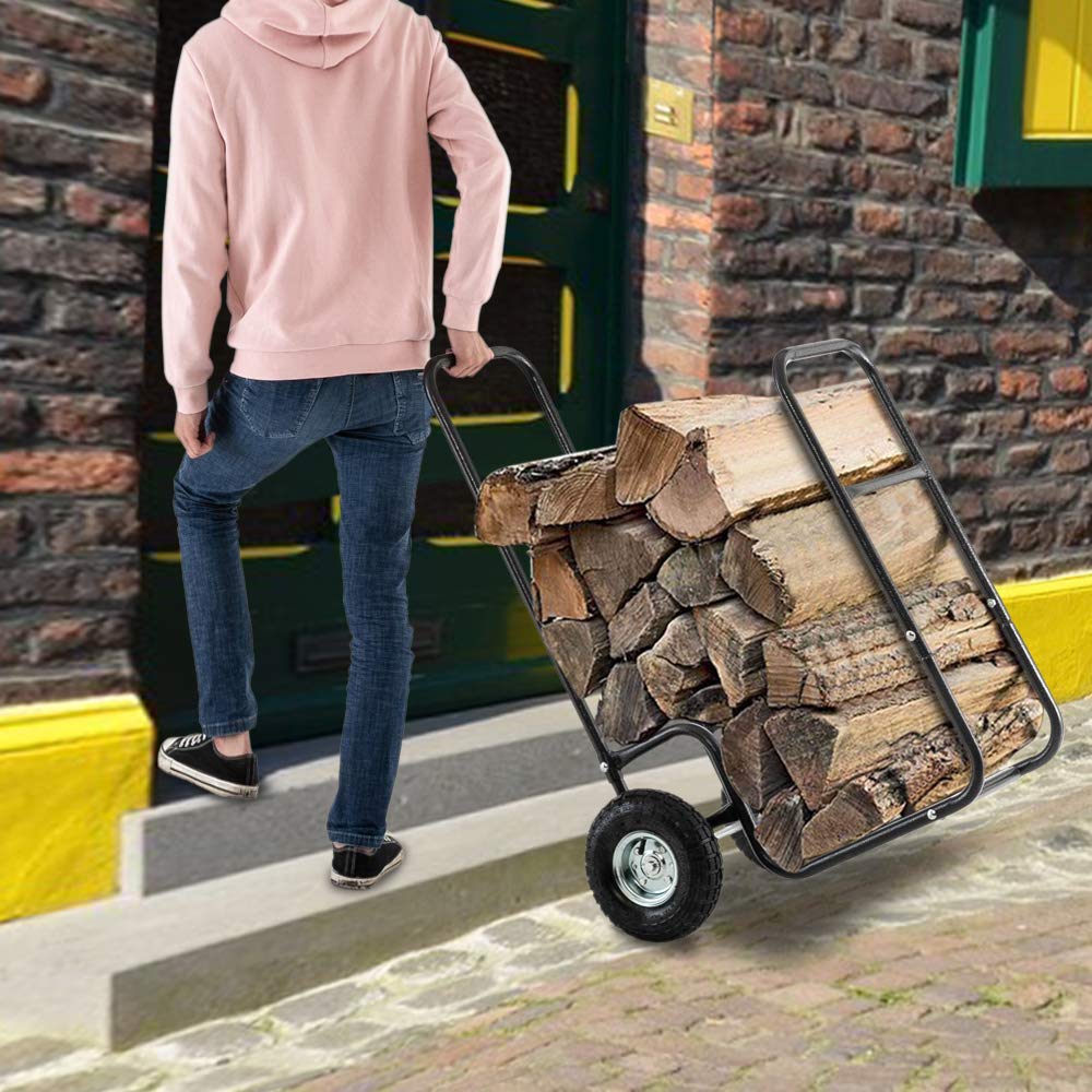 ROVSUN Firewood Cart Wood Hauler Fireplace Log Carrier Mover, Outdoor Indoor Wood w/Rolling Wheel Dolly Storage Holder