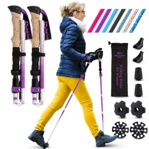 walking sticks for women - 14.5" foldable hiking poles for backpacking, exercising and traveling, set of 2 aluminum nordic collapsible trekking poles (115-135cm, purple)