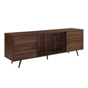 walker edison saxon mid century modern 2 door glass shelf tv stand for tvs up to 80 inches, 70 inch, dark walnut