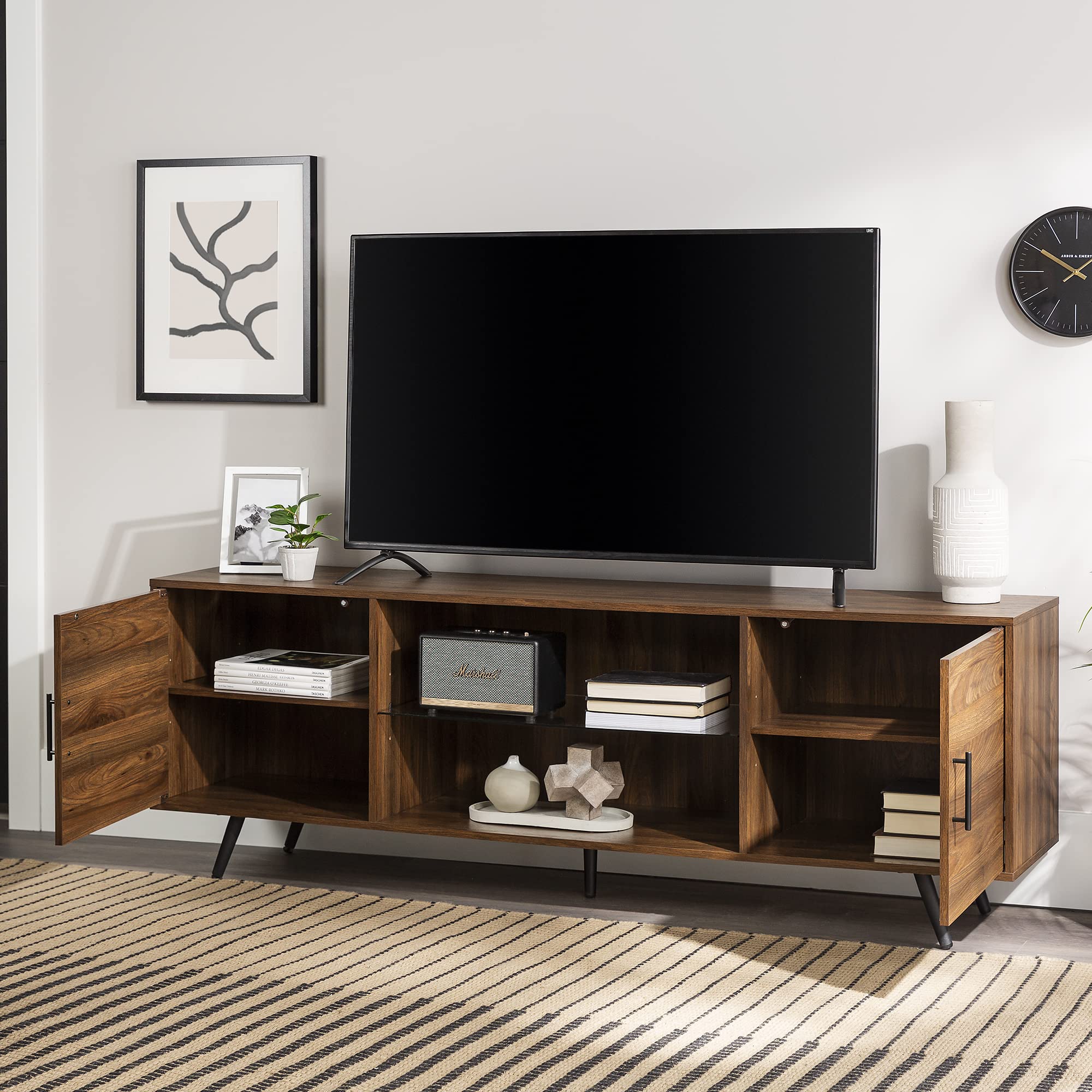 Walker Edison Saxon Mid Century Modern 2 Door Glass Shelf TV Stand for TVs up to 80 Inches, 70 Inch, Dark Walnut