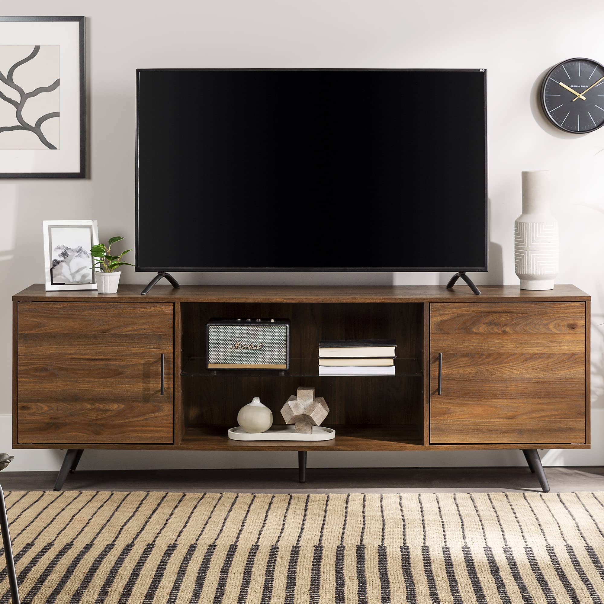 Walker Edison Saxon Mid Century Modern 2 Door Glass Shelf TV Stand for TVs up to 80 Inches, 70 Inch, Dark Walnut