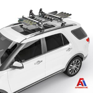 AA Products Inc. 33'' Aluminum Universal Ski Roof Rack Fits 6 Pairs Skis or 4 Snowboards, Ski Roof Carrier Fit Most Vehicles Equipped Cross Bars