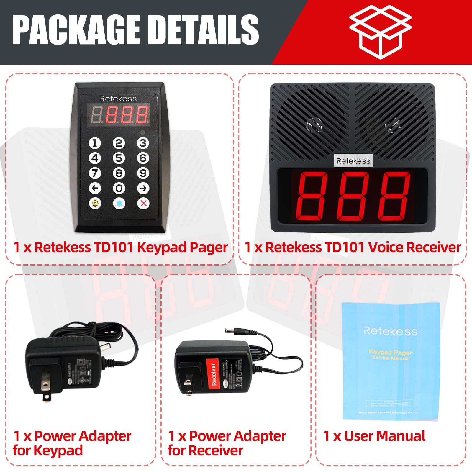 Retekess TD101 Queue Calling System,Take A Number System, Larger LCD Screen,8 Broadcast Types,Waiting Number System for Restaurant, Hospital,Bank(1 Display +1 Numeric Keypad)