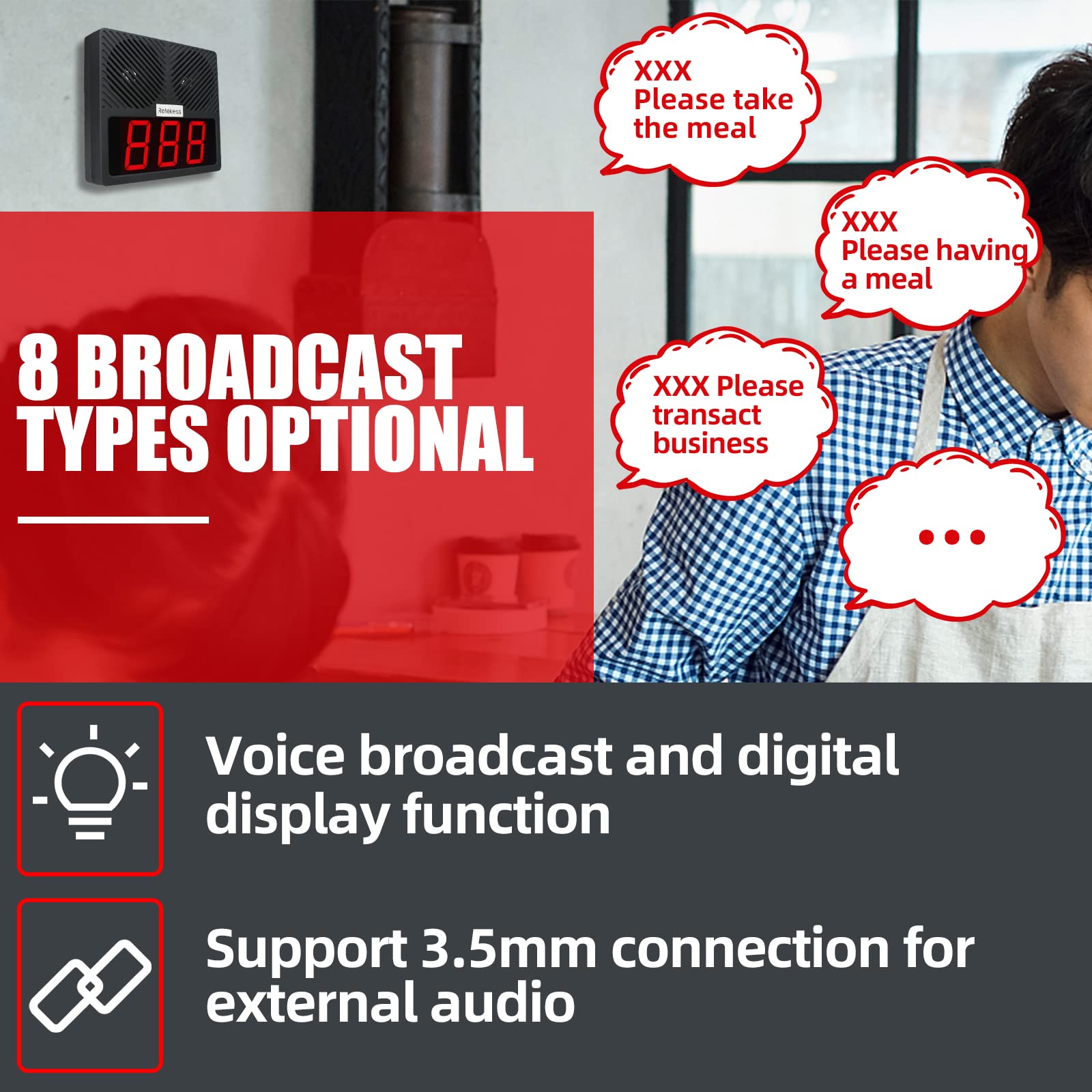 Retekess TD101 Queue Calling System,Take A Number System, Larger LCD Screen,8 Broadcast Types,Waiting Number System for Restaurant, Hospital,Bank(1 Display +1 Numeric Keypad)