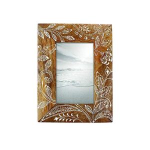 foreside home and garden natural 4 x 6 inch floral pattern decorative wood picture frame, 4x6, brown, white