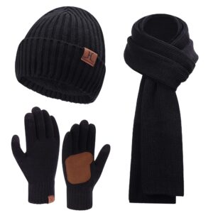 mens & womens winter knit hat beanie long neck scarf touchscreen gloves set skull cap with fleece lined gifts for men women