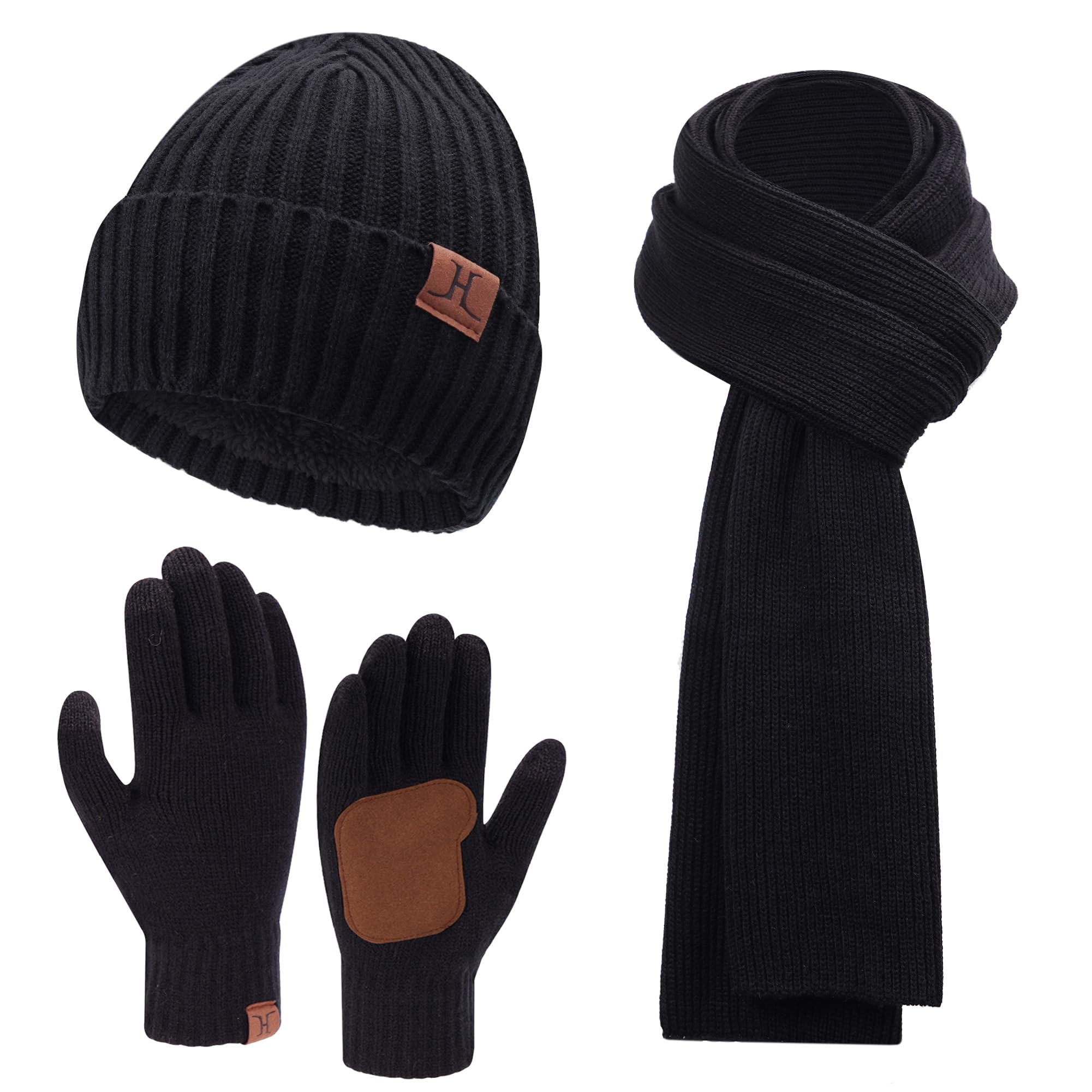 Mens & Womens Winter Knit Hat Beanie Long Neck Scarf Touchscreen Gloves Set Skull Cap with Fleece Lined Gifts for Men Women