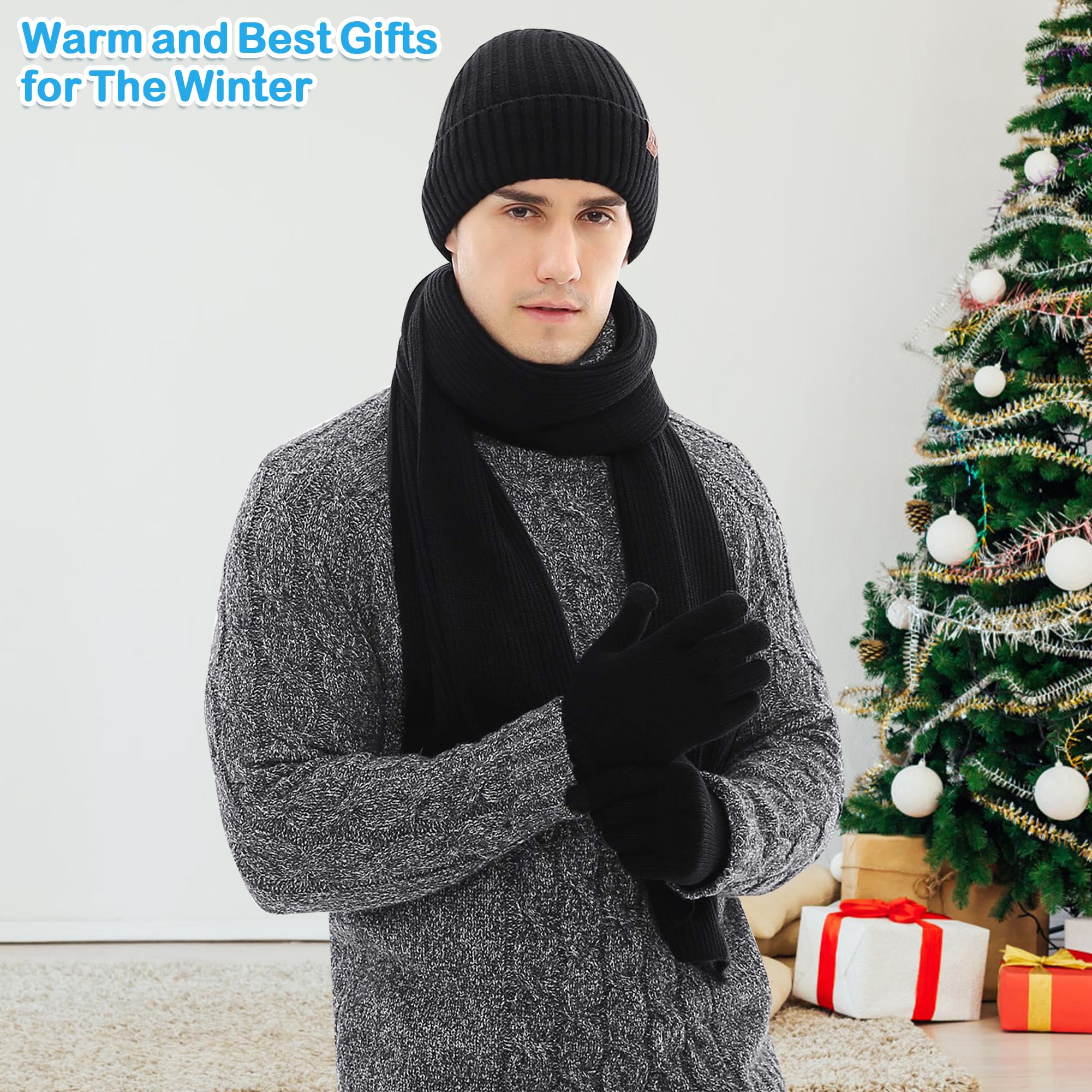 Mens & Womens Winter Knit Hat Beanie Long Neck Scarf Touchscreen Gloves Set Skull Cap with Fleece Lined Gifts for Men Women