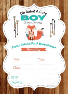 baby shower invitations woodland, little fox for baby boy shower. set of 25 full color invitations include 25 envelopes. quality & heavy 14 pt. paper matte 5" x 7" with a7 white envelopes included.