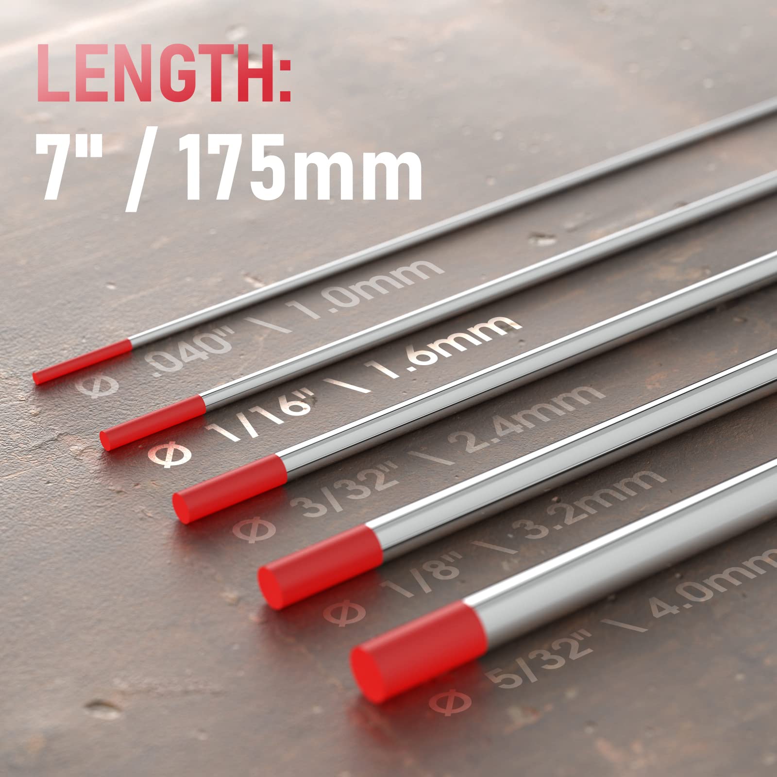 YESWELDER TIG Welding Tungsten Electrode 2% Thoriated 1/16" x 7" (Red, WT20/EWTh-2) 10-pk