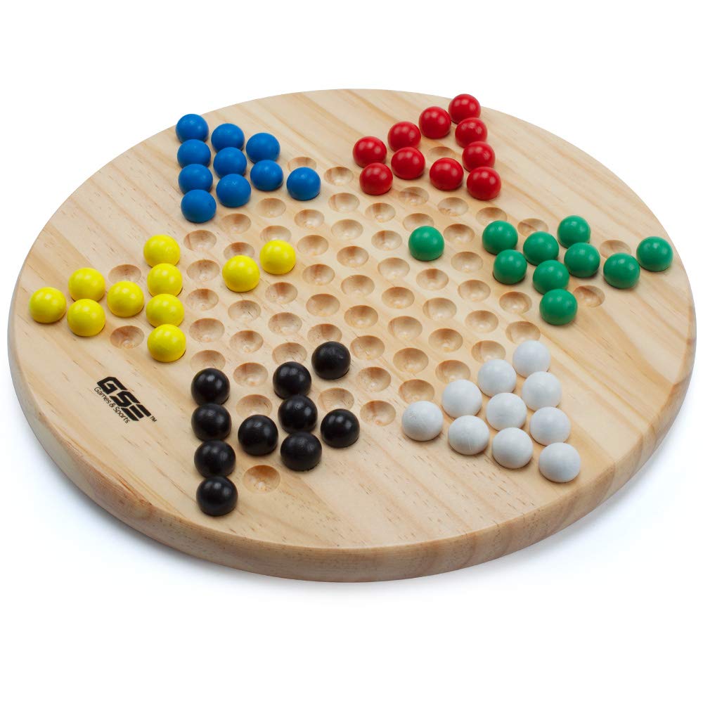 GSE 11.5" Natural Wood Chinese Checkers Board Game Set with 66 Colorful Wooden Marbles, Classic Strategy Family Board Game for Boys & Girls, Kids & Adults Fun Family Board Games