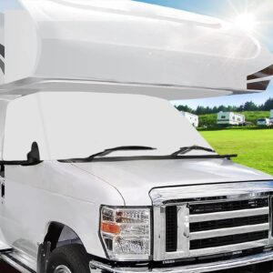 mofeez rv windshield cover compatible with class c ford 1997-2024, uv block offer complete privacy with light preserves interior (white color with mirror cutouts)