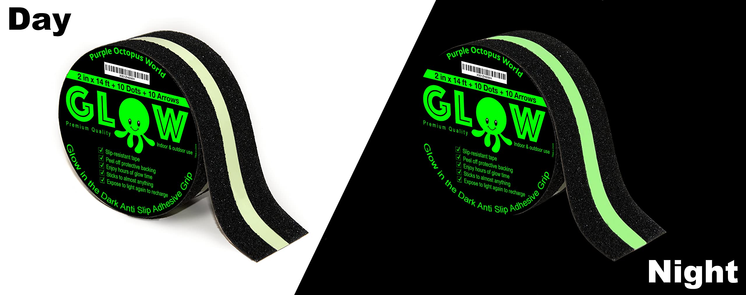 Anti-Slip Glow in The Dark Grip Tape - Non-Slip Adhesive Grip for Slippery Suerfaces, Stairs, Rails, Steps, Gaffers, Tread, Traction - Bonus 10 Dots and 10 Stars - 2 Inches Wide by 14 Feet Long - Ind