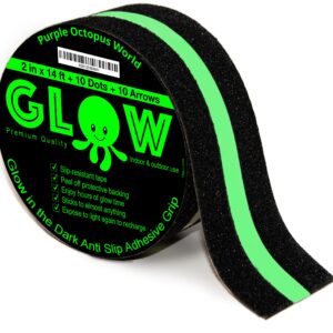 Anti-Slip Glow in The Dark Grip Tape - Non-Slip Adhesive Grip for Slippery Suerfaces, Stairs, Rails, Steps, Gaffers, Tread, Traction - Bonus 10 Dots and 10 Stars - 2 Inches Wide by 14 Feet Long - Ind