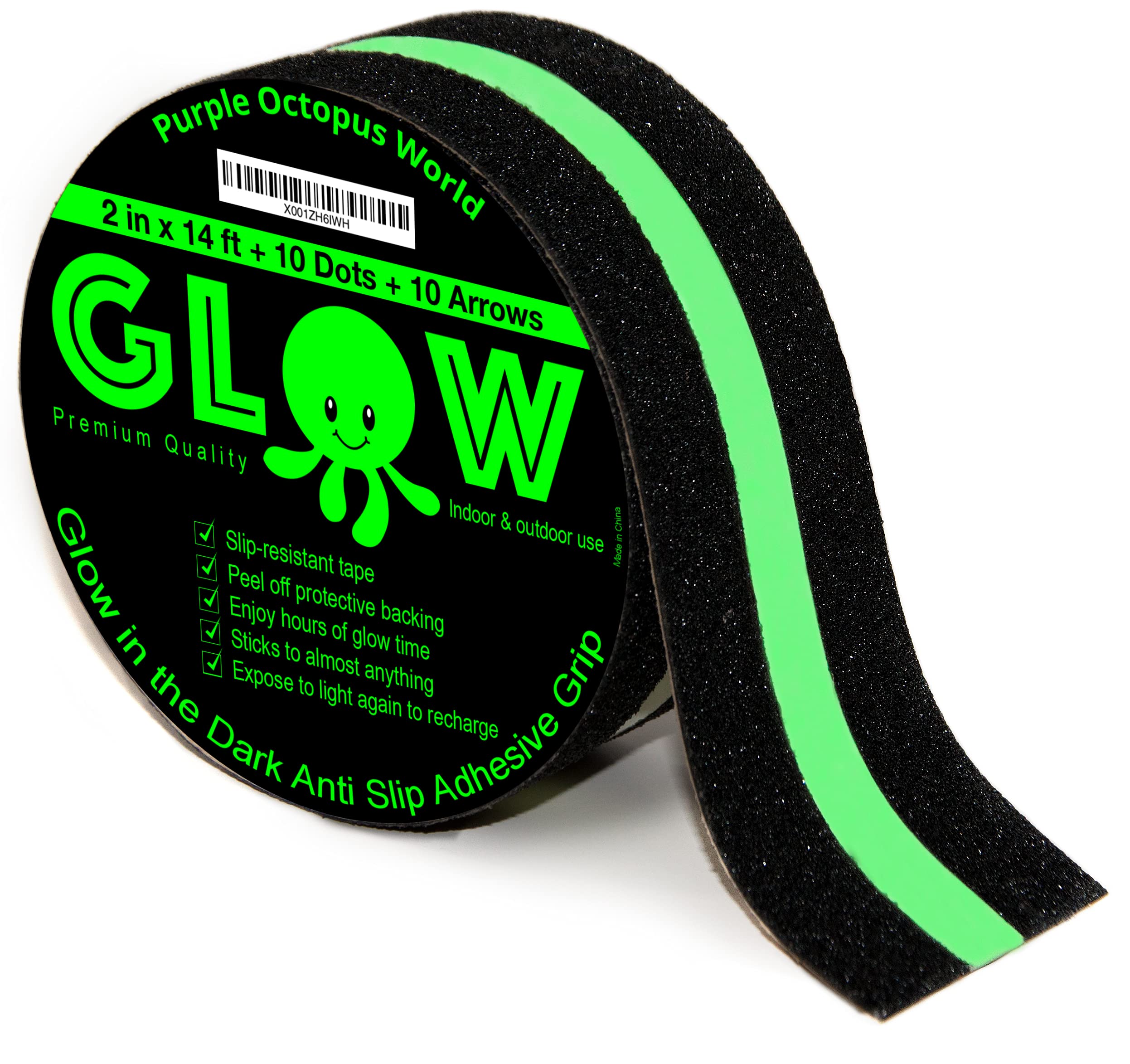 Anti-Slip Glow in The Dark Grip Tape - Non-Slip Adhesive Grip for Slippery Suerfaces, Stairs, Rails, Steps, Gaffers, Tread, Traction - Bonus 10 Dots and 10 Stars - 2 Inches Wide by 14 Feet Long - Ind