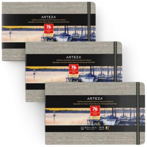 arteza watercolor book, pack of 3, 76 pages each, 5.1x8.3 inch watercolor notebook, 110lb/230gsm cold pressed water pad