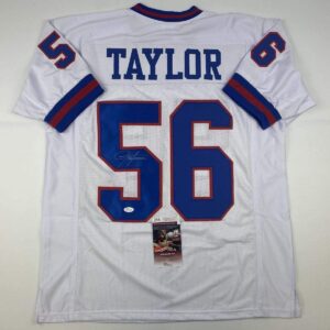 autographed/signed lawrence taylor new york white football jersey jsa coa