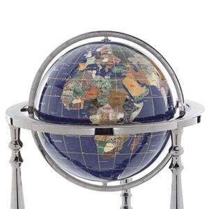 kalifano large gemstone globe with vibrant polished lapis ocean and mosaic gem continents on 37" ambassador antique silver 3 leg high stand - world globe with floor stand office decor