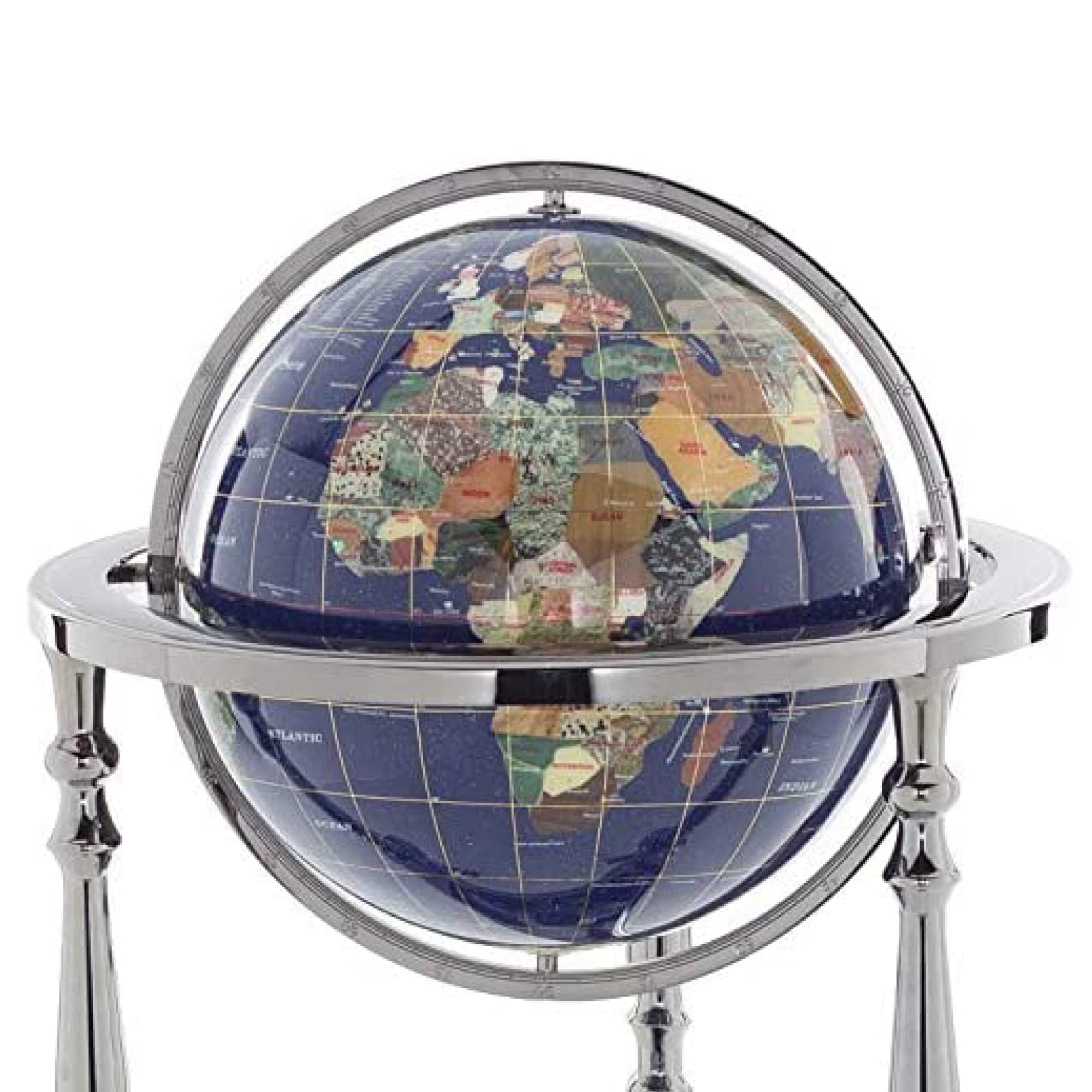 KALIFANO Large Gemstone Globe with Vibrant Polished Lapis Ocean and Mosaic Gem Continents on 37" Ambassador Antique Silver 3 Leg High Stand - World Globe with Floor Stand Office Decor