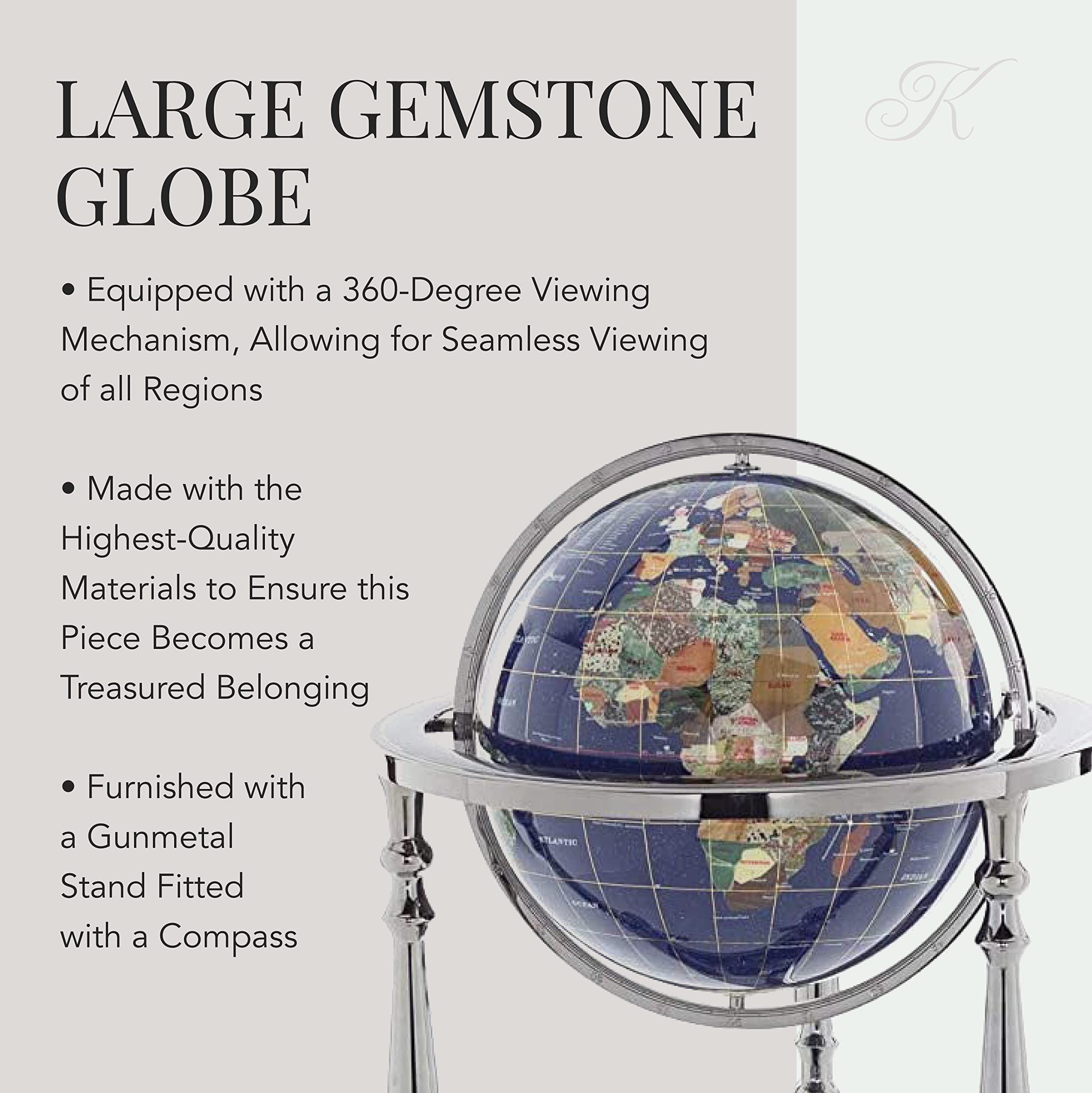 KALIFANO Large Gemstone Globe with Vibrant Polished Lapis Ocean and Mosaic Gem Continents on 37" Ambassador Antique Silver 3 Leg High Stand - World Globe with Floor Stand Office Decor