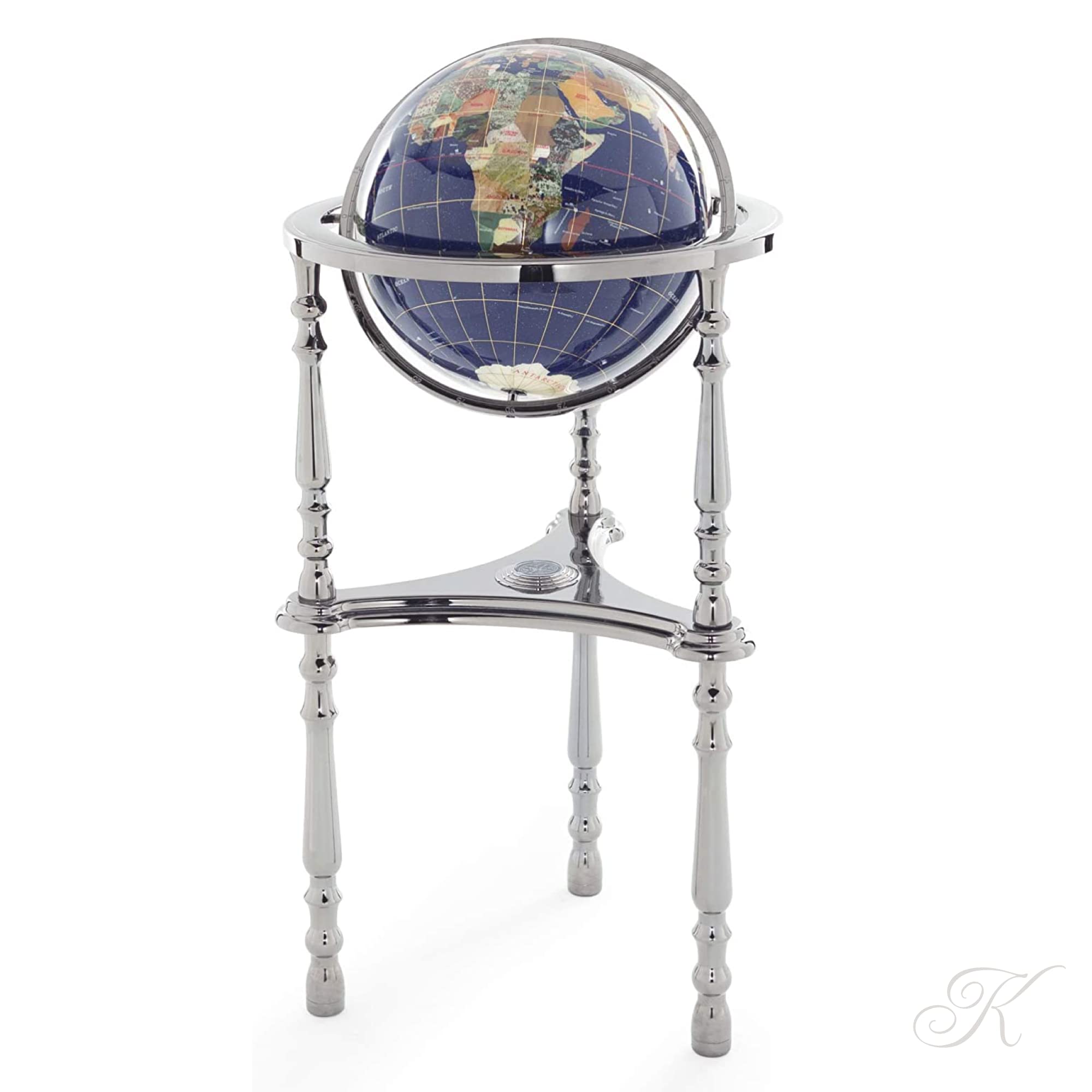 KALIFANO Large Gemstone Globe with Vibrant Polished Lapis Ocean and Mosaic Gem Continents on 37" Ambassador Antique Silver 3 Leg High Stand - World Globe with Floor Stand Office Decor