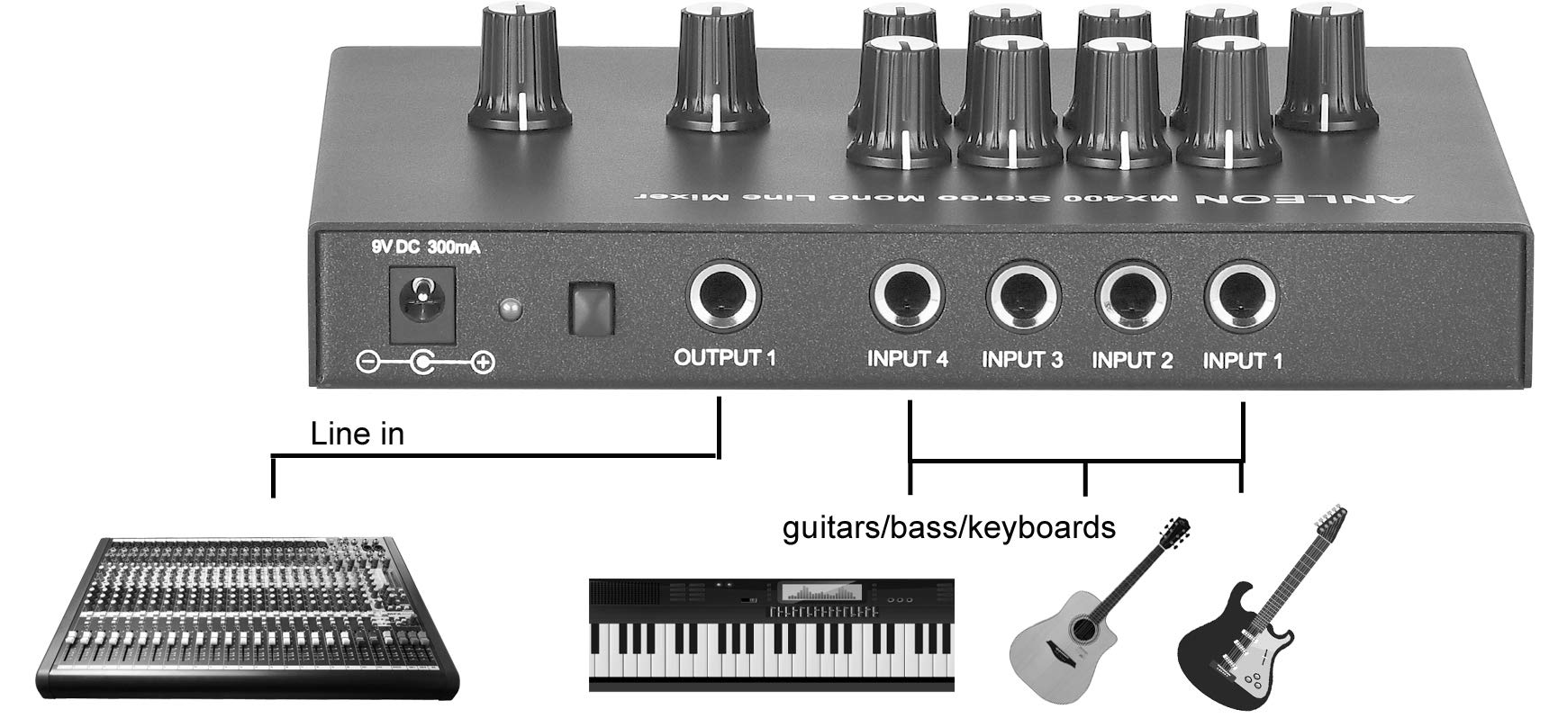 ANLEON MX400 Low-Noise 4-Channel Mono Line Mixer for guitars bass keyboards mix and 5-Channel Stereo Mixer