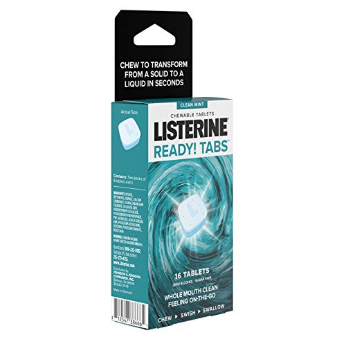 Listerine Ready! Tabs Chewable Mint Tablets with Clean Mint Flavor, Revolutionary 4-Hour Fresh Breath Tablets to Help Fight Bad Breath On-The-Go, Sugar-Free, Alcohol-Free & Kosher, 16 Count