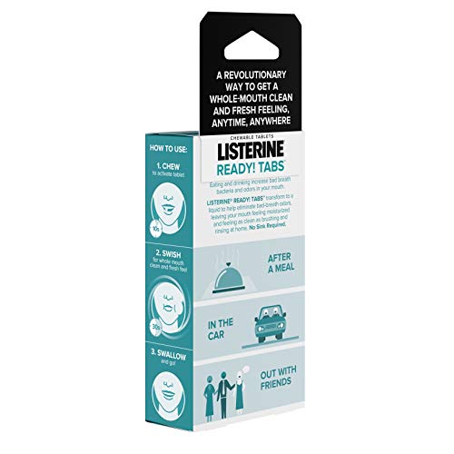 Listerine Ready! Tabs Chewable Mint Tablets with Clean Mint Flavor, Revolutionary 4-Hour Fresh Breath Tablets to Help Fight Bad Breath On-The-Go, Sugar-Free, Alcohol-Free & Kosher, 16 Count