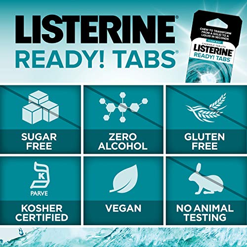 Listerine Ready! Tabs Chewable Mint Tablets with Clean Mint Flavor, Revolutionary 4-Hour Fresh Breath Tablets to Help Fight Bad Breath On-The-Go, Sugar-Free, Alcohol-Free & Kosher, 16 Count