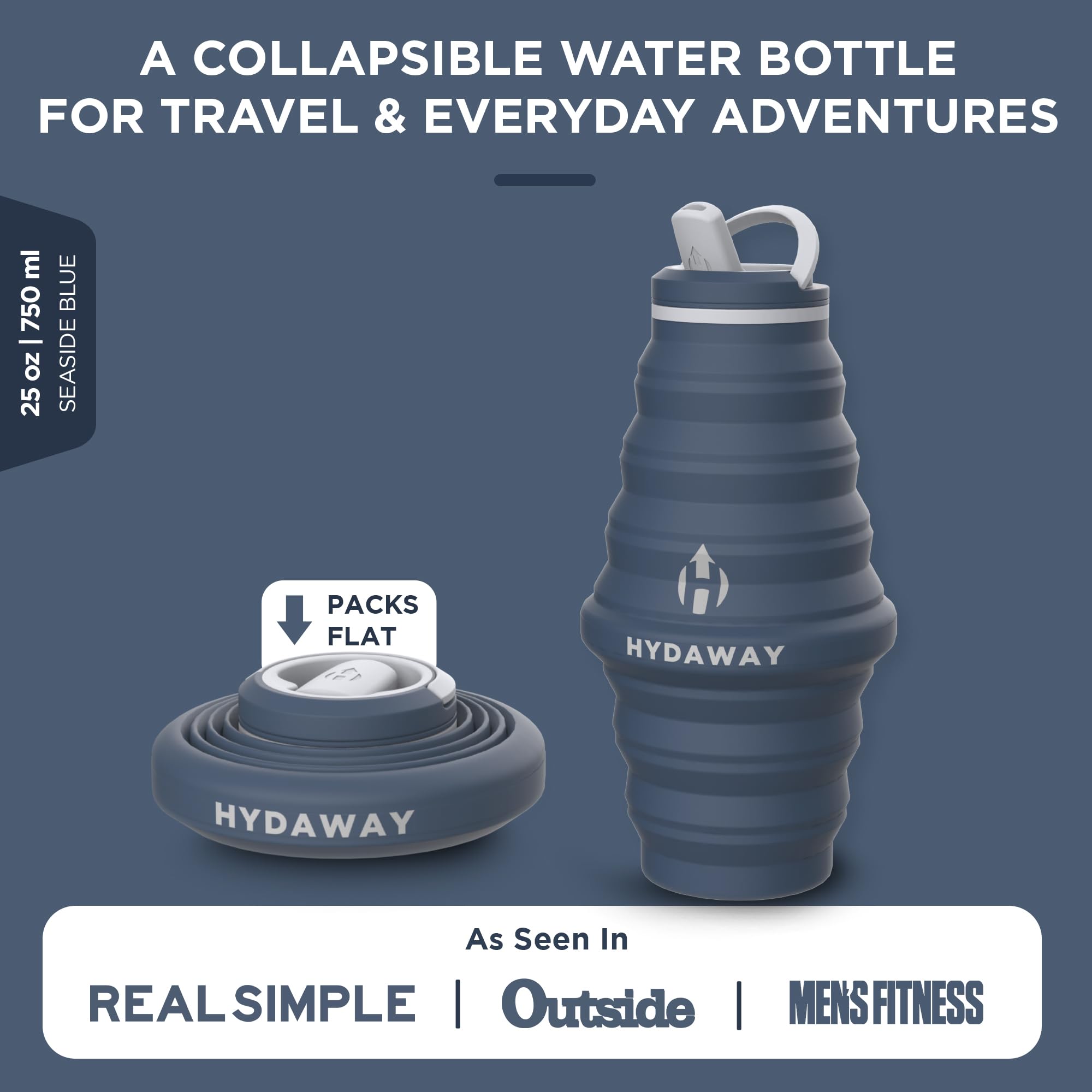 HYDAWAY Collapsible Water Bottle - 25oz I Reusable Water Bottle with Flip Top Lid for Travel, Hiking, Backpacking I Portable & Leakproof, Food-Grade Silicone, BPA Free, Collapses to 1.5”