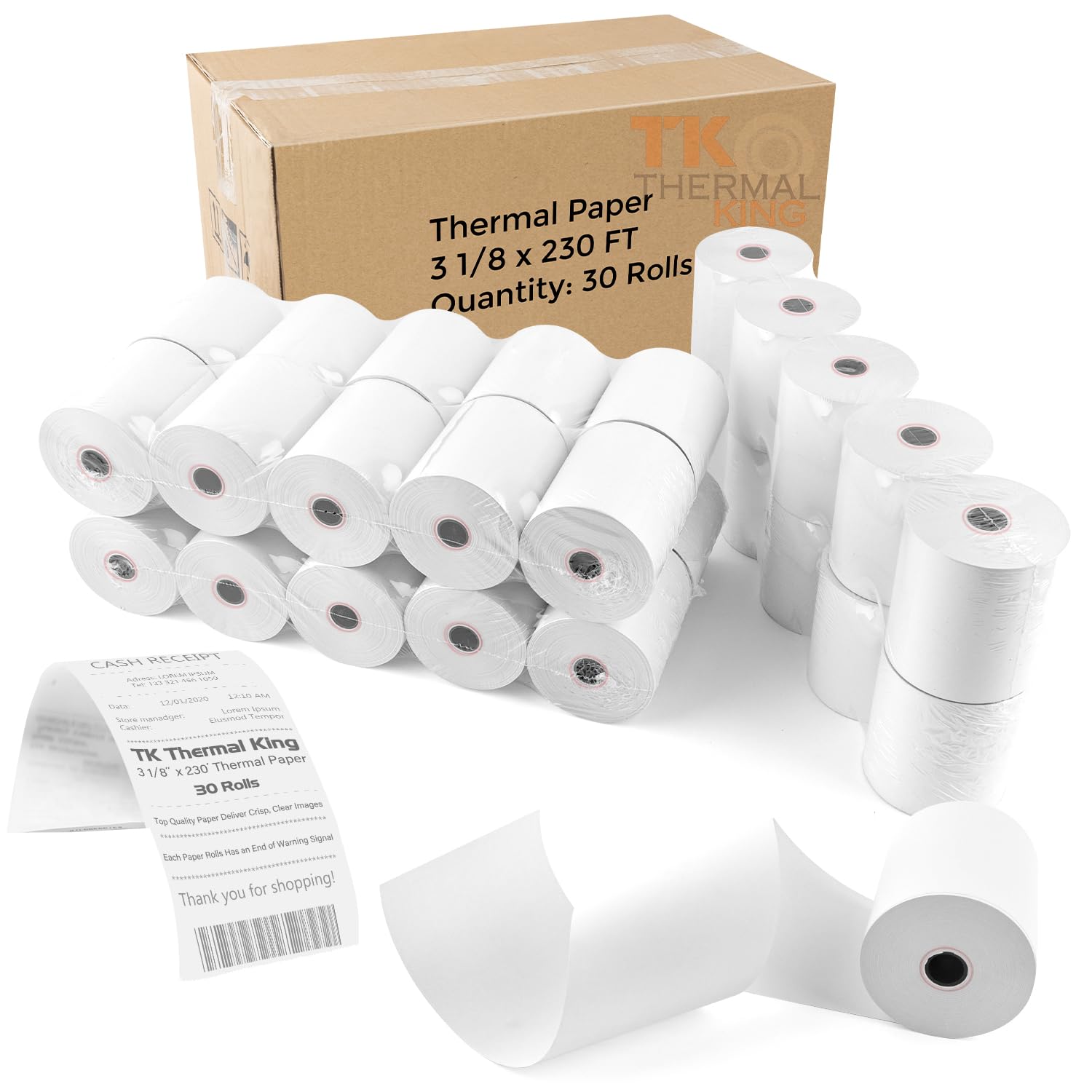 TK Thermal King (30 Rolls) 3 1/8" 230' feet White Thermal Paper Cash Register POS Receipt, Fits All Credit Card Terminal Great For Credit Card Paper