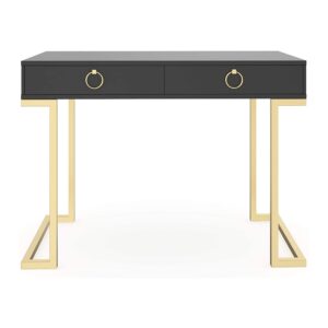 nathan james leighton two-drawer writing glam accents brass, home office computer desk or vanity table, 2, black/gold